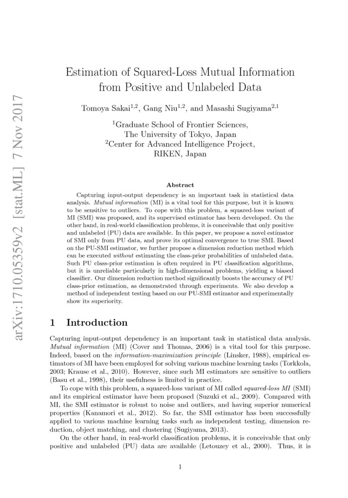 Estimation of Squared-Loss Mutual Information from Positive and ...