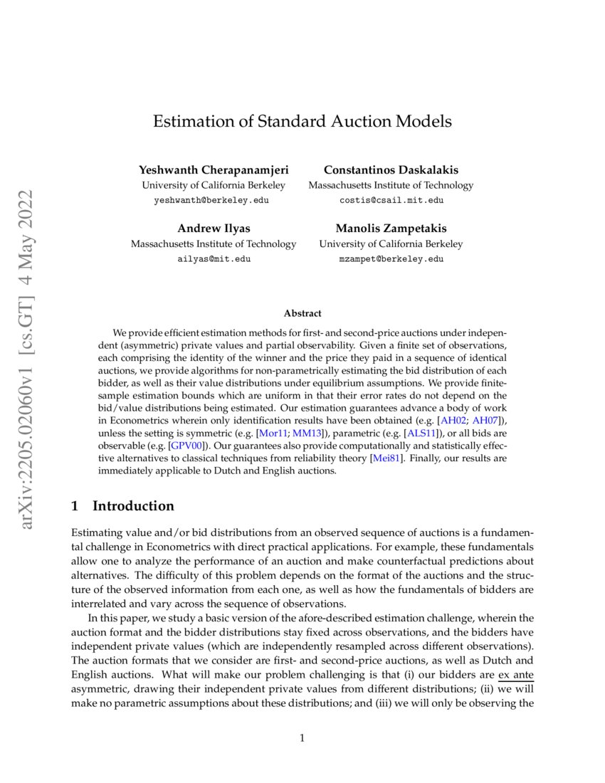 Estimation Of Standard Auction Models Deepai