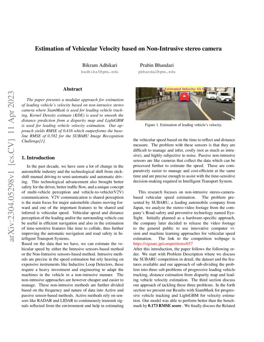 Estimation Of Vehicular Velocity Based On Non Intrusive Stereo Camera Deepai