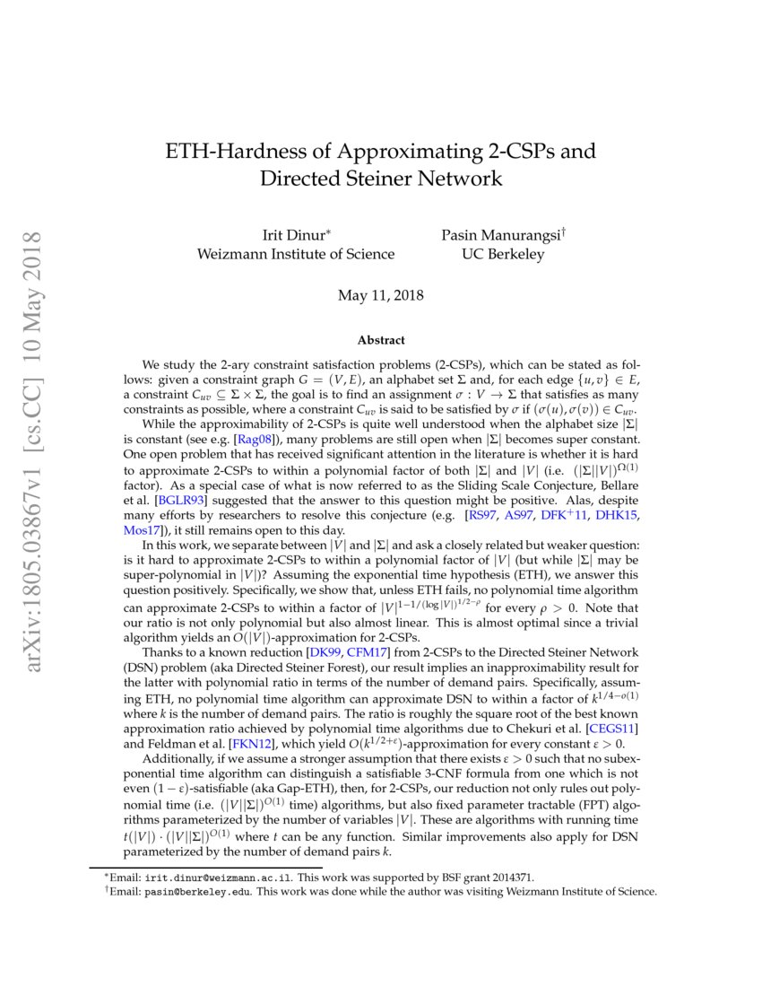 Eth Hardness Of Approximating 2 Csps And Directed Steiner Network Deepai