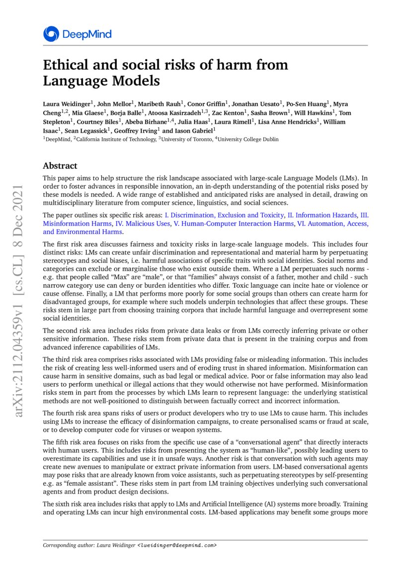 Ethical and social risks of harm from Language Models | DeepAI