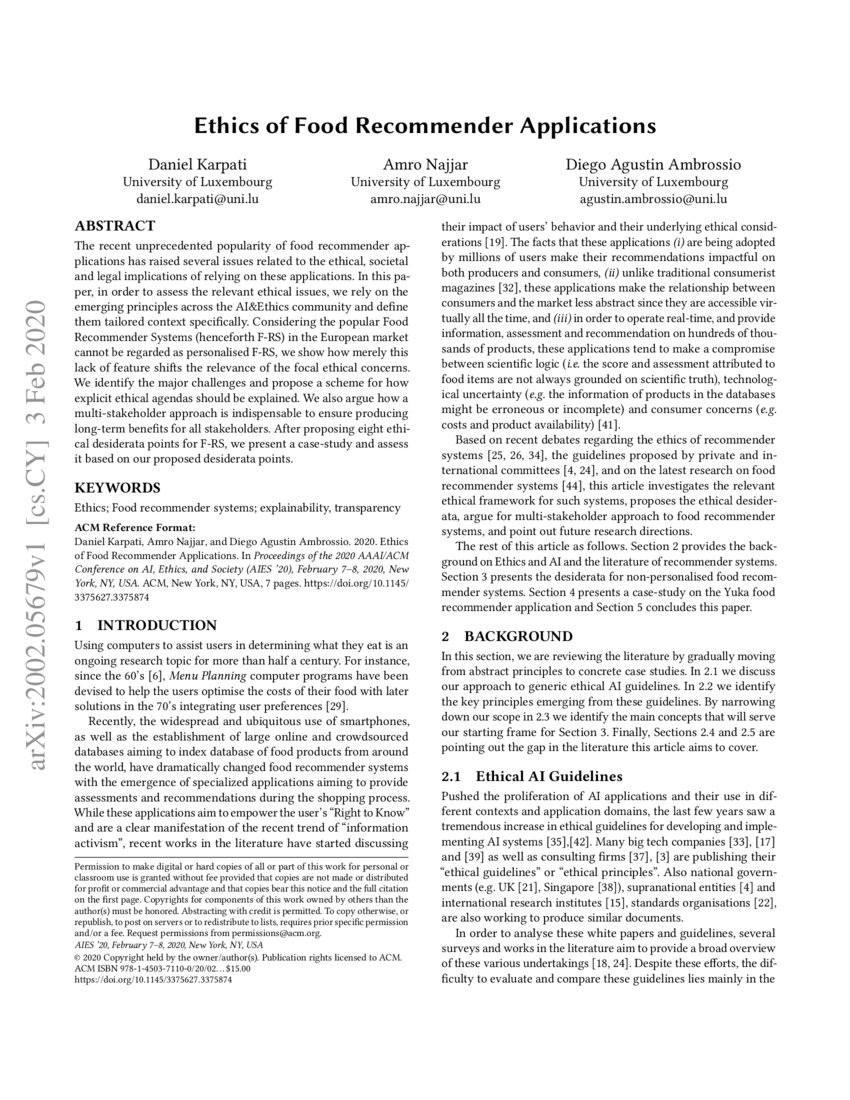 Ethics of Food Recommender Applications | DeepAI