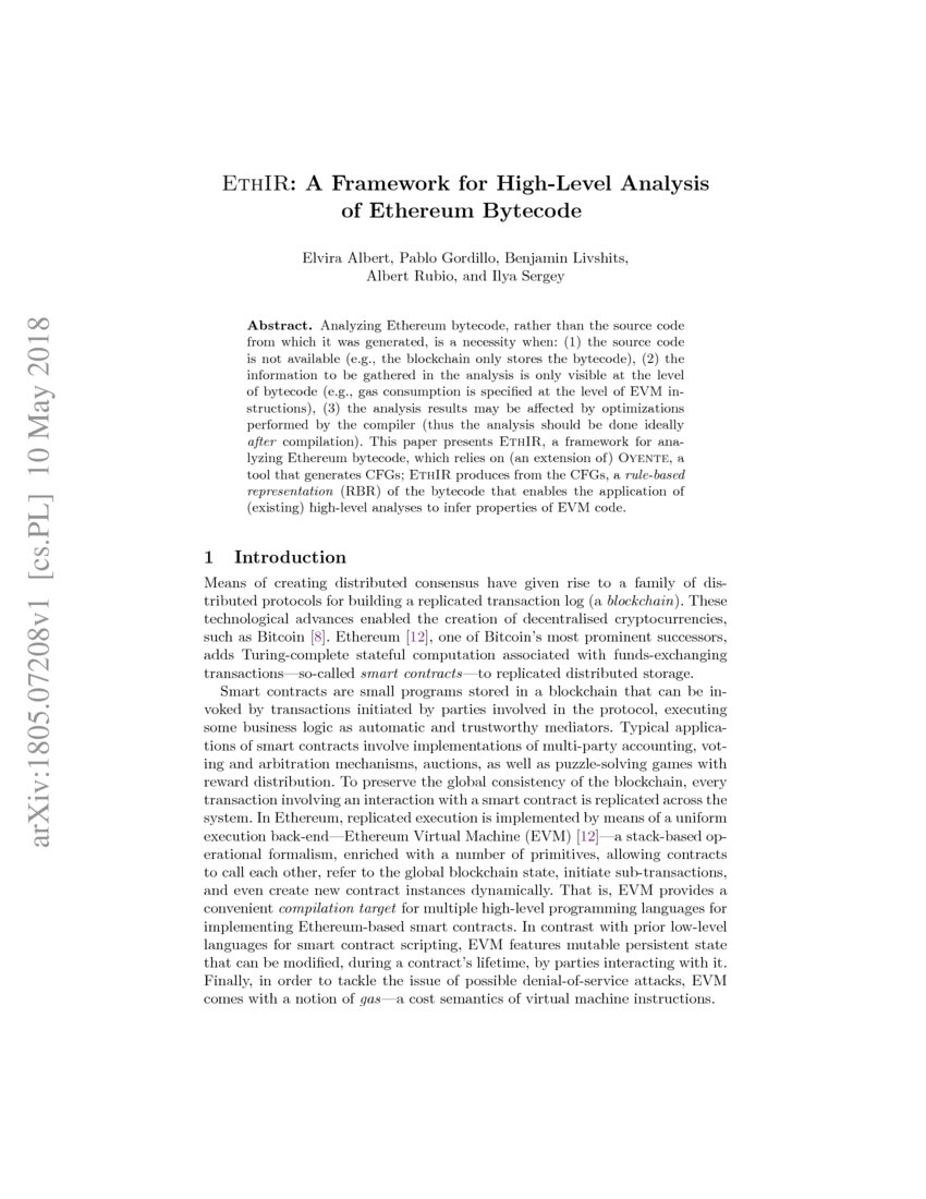 EthIR: A Framework for High-Level Analysis of Ethereum Bytecode | DeepAI