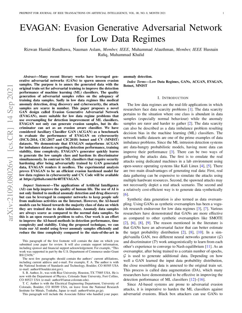 EVAGAN: Evasion Generative Adversarial Network for Low Data Regimes ...