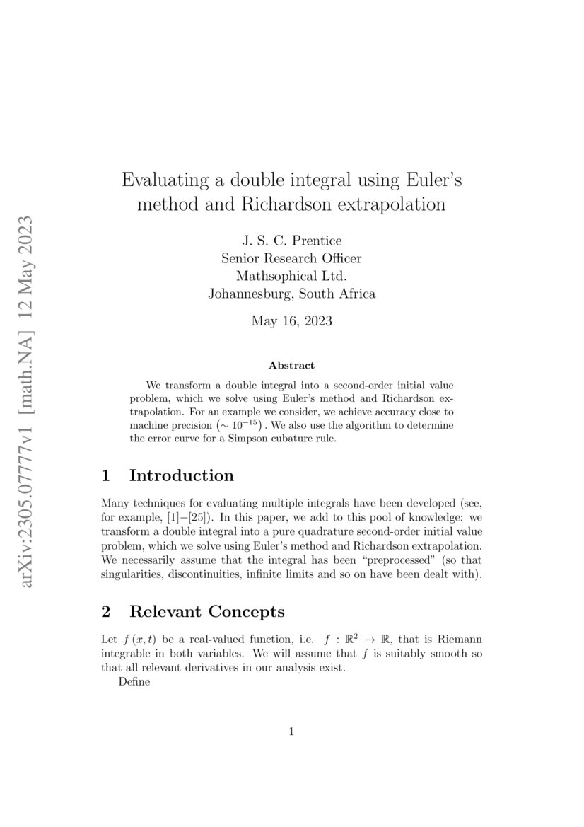 Evaluating A Double Integral Using Eulers Method And Richardson