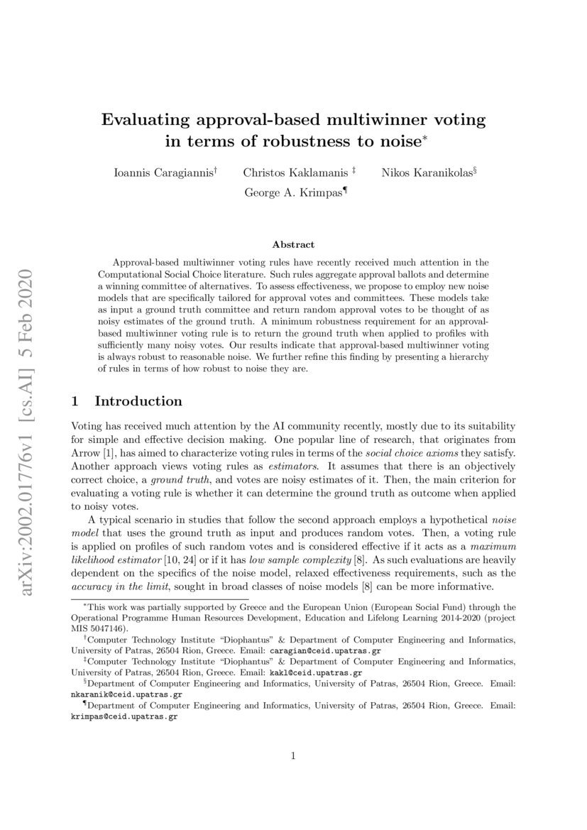 Evaluating approval-based multiwinner voting in terms of robustness to noise | DeepAI