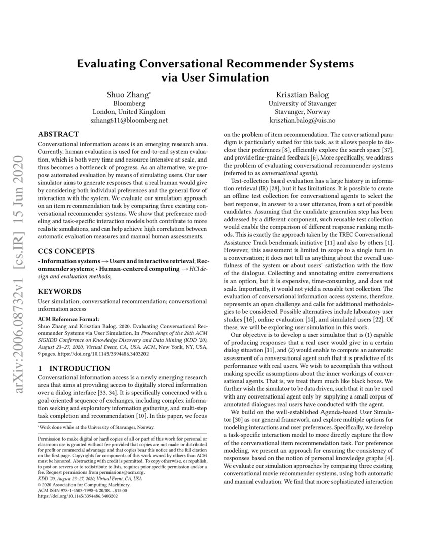 Evaluating Conversational Recommender Systems Via User Simulation Deepai
