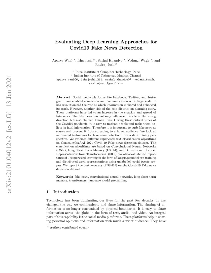 Evaluating Deep Learning Approaches for Covid19 Fake News Detection ...