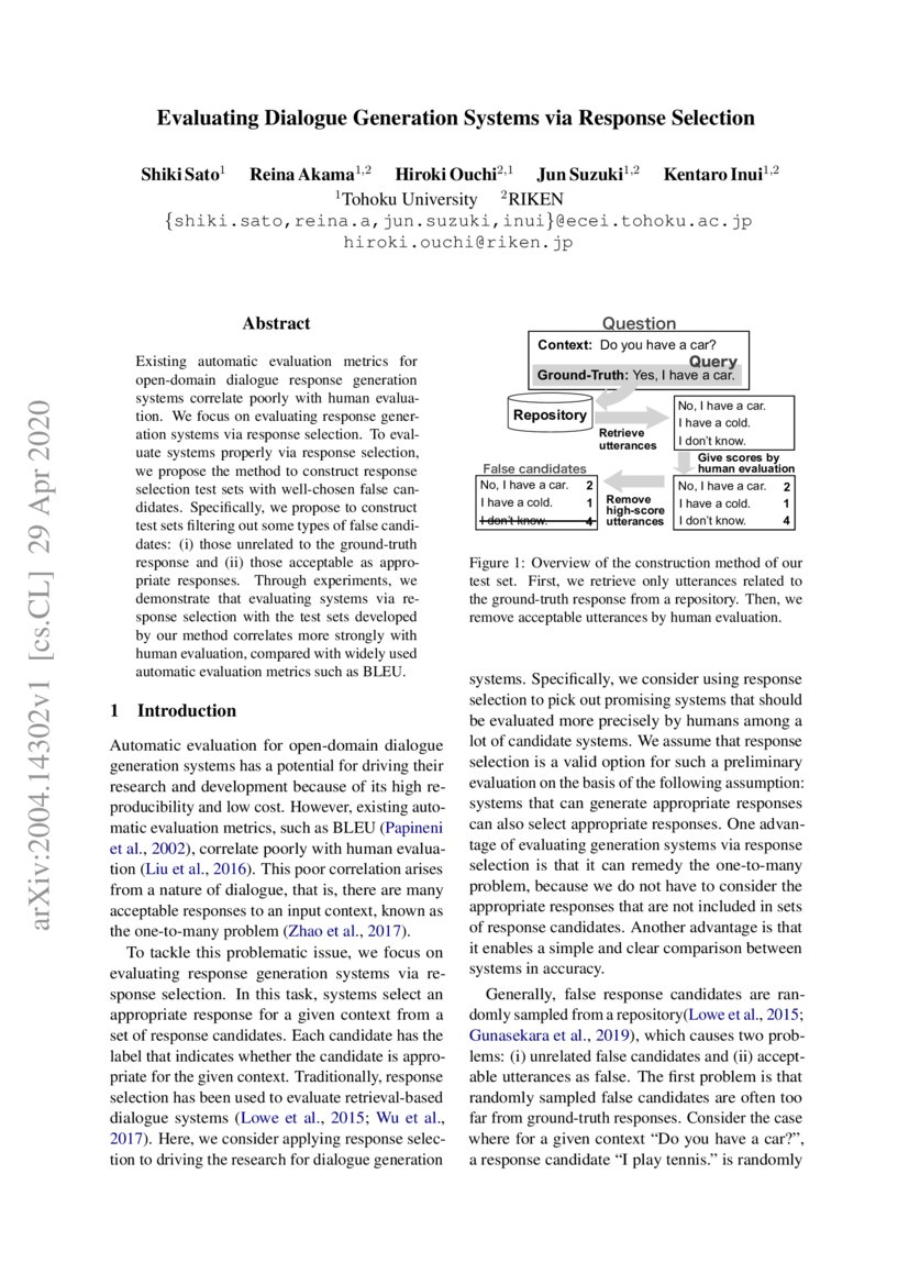 Evaluating Dialogue Generation Systems via Response Selection | DeepAI