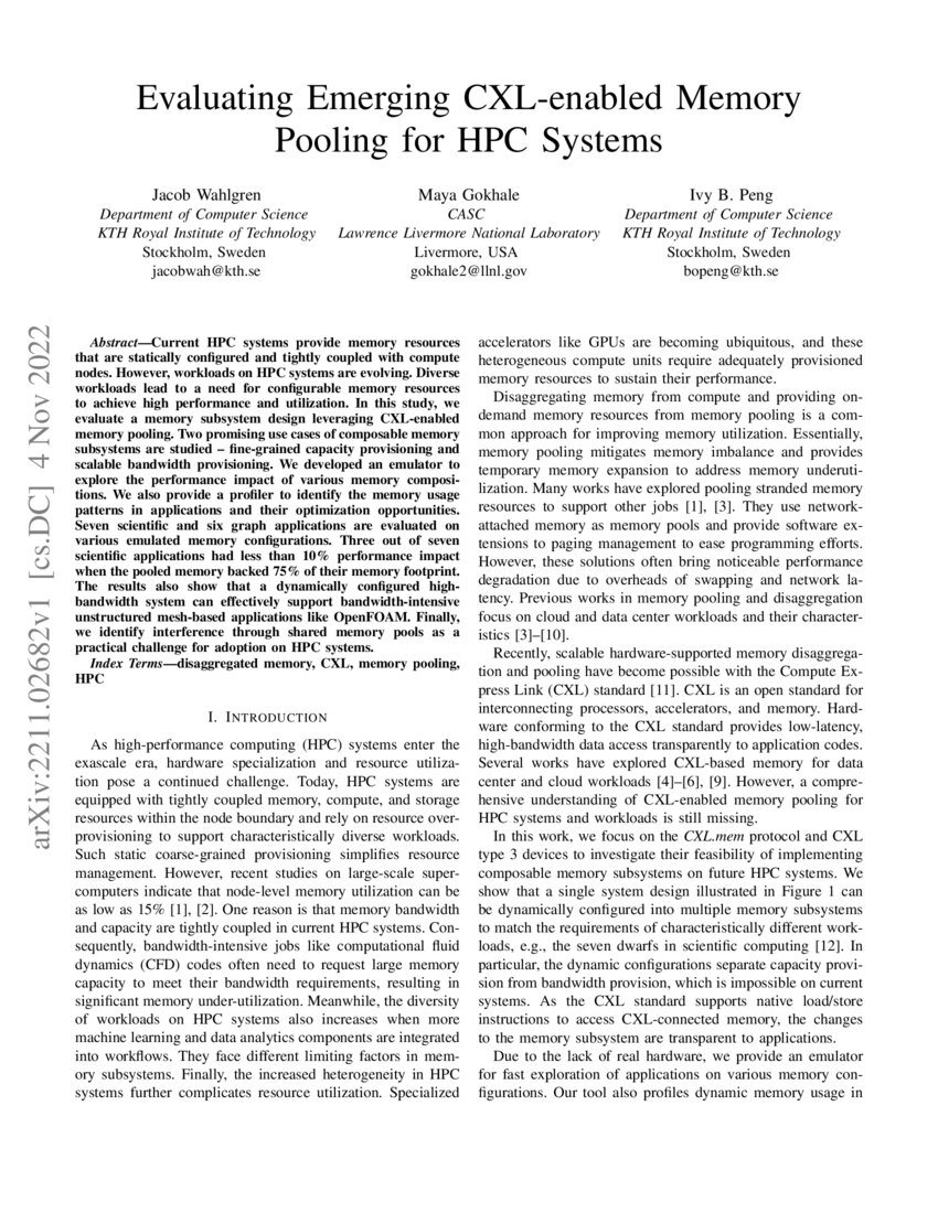 Evaluating Emerging Cxl Enabled Memory Pooling For Hpc Systems Deepai