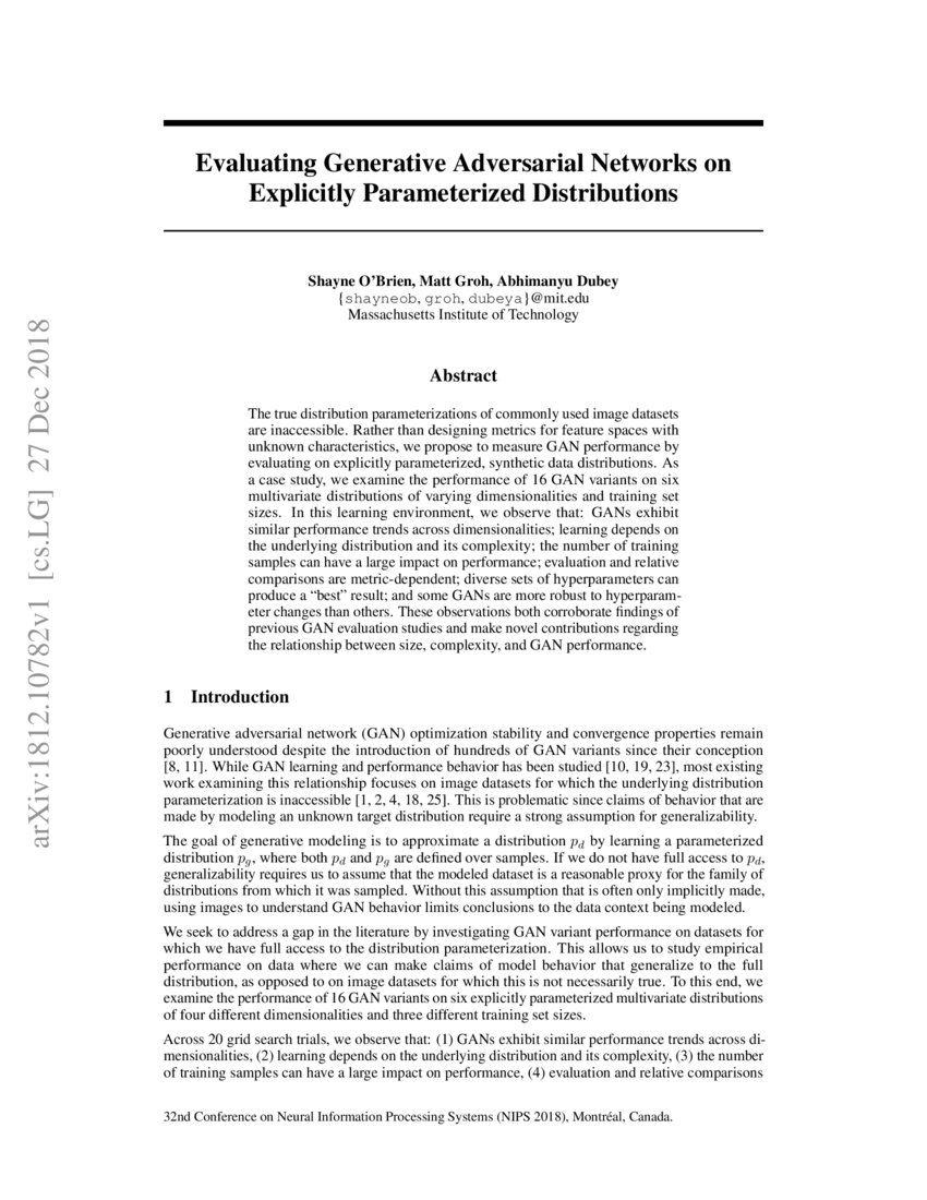 Evaluating Generative Adversarial Networks On Explicitly Parameterized Distributions Deepai