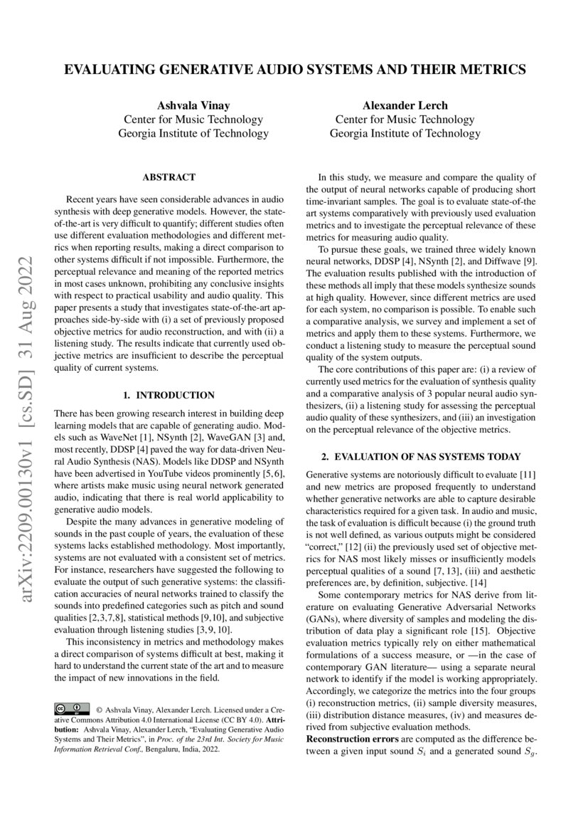 Evaluating generative audio systems and their metrics | DeepAI