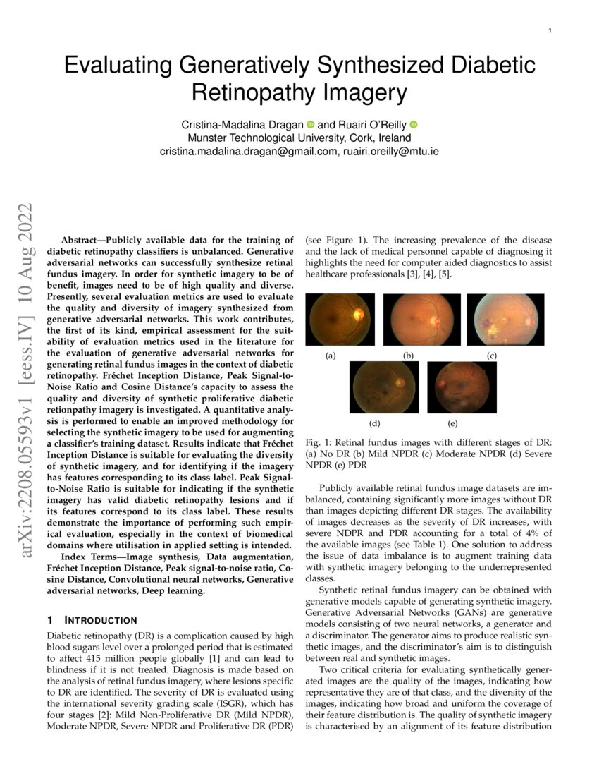 Evaluating Generatively Synthesized Diabetic Retinopathy Imagery | DeepAI