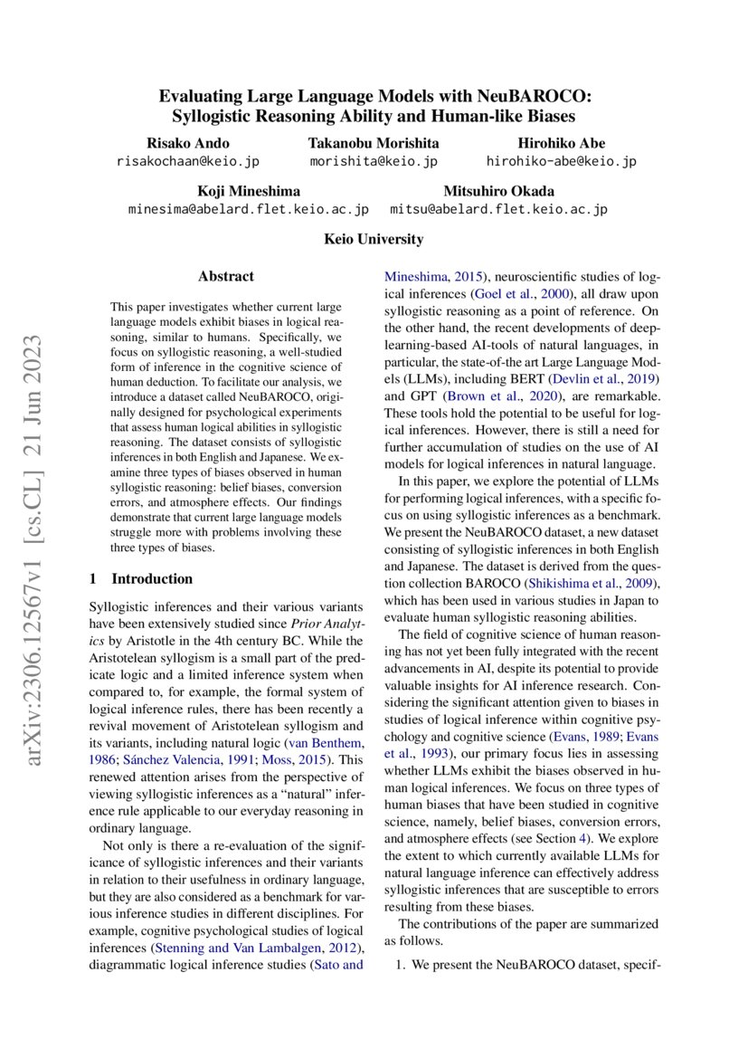 Evaluating Large Language Models with NeuBAROCO: Syllogistic Reasoning Ability and Human-like ...