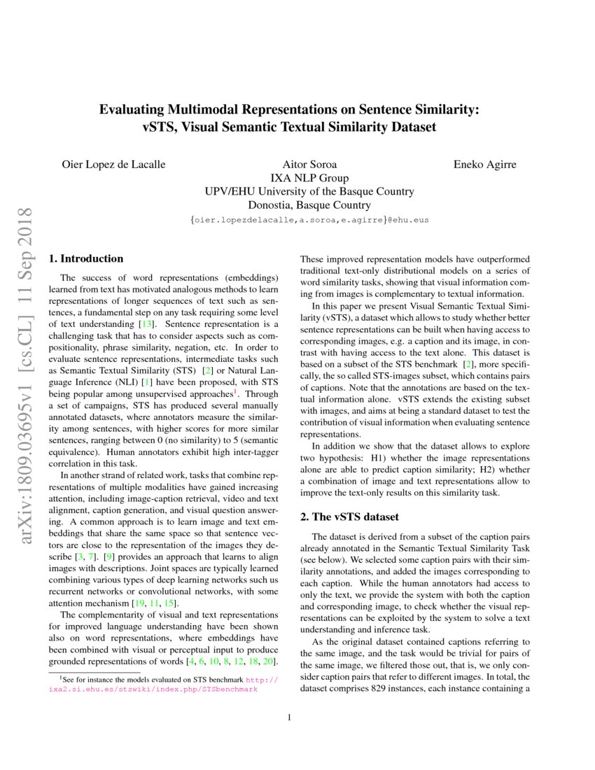 Evaluating Multimodal Representations on Sentence Similarity: vSTS, Visual Semantic Textual ...