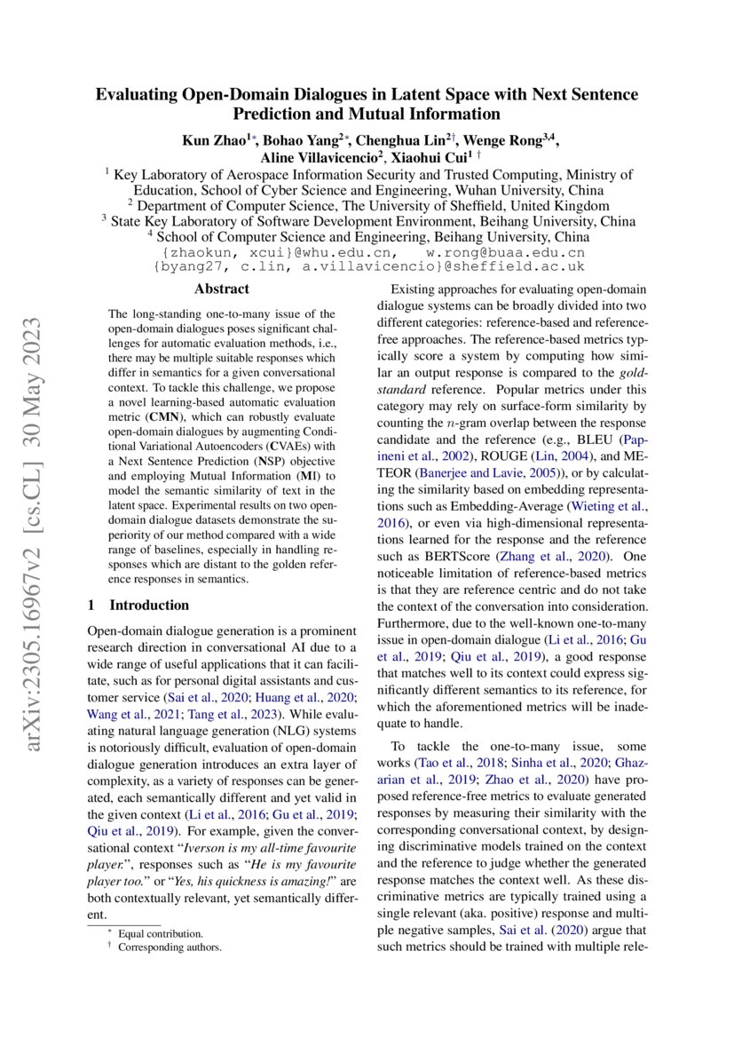 Evaluating Open Domain Dialogues In Latent Space With Next Sentence Prediction And Mutual