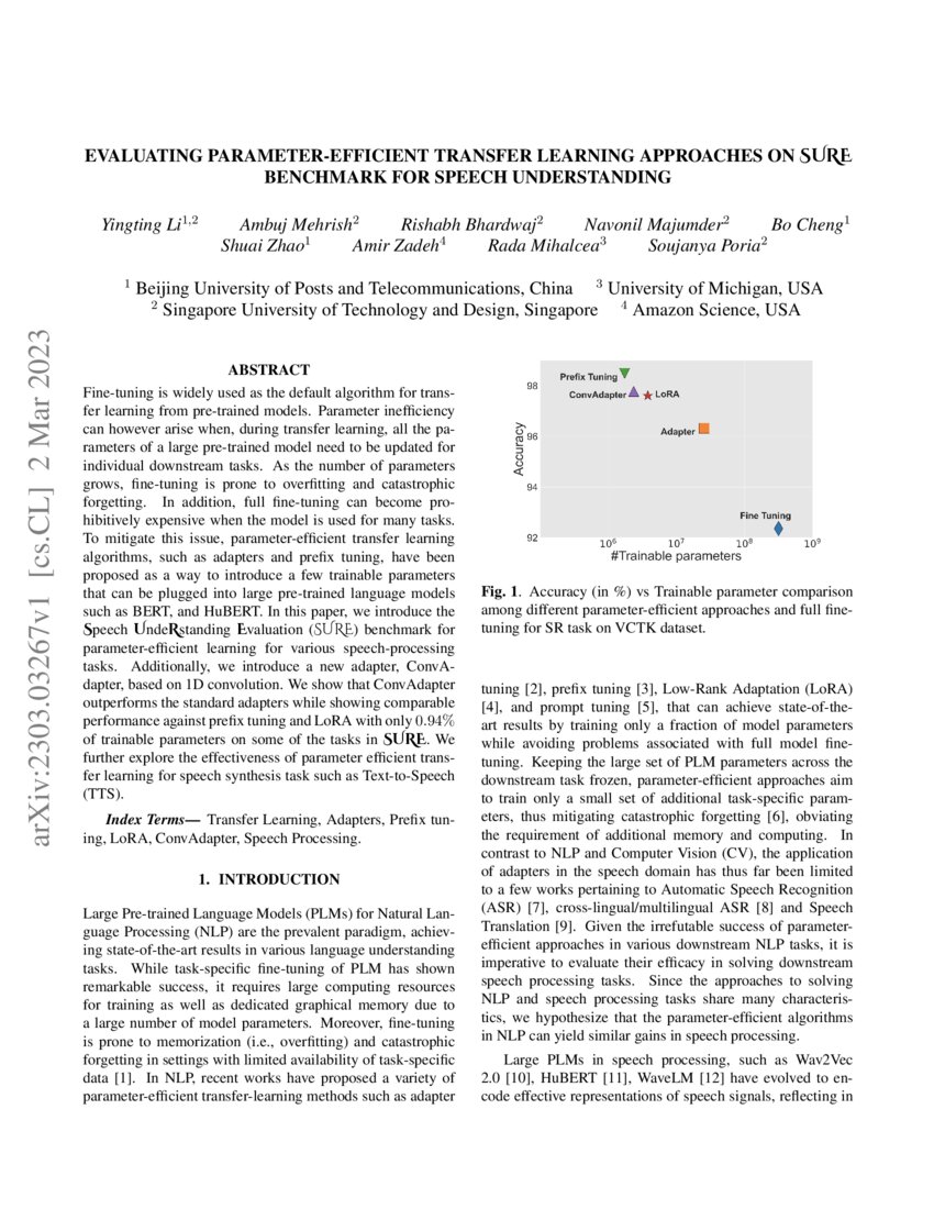 Evaluating Parameter Efficient Transfer Learning Approaches On Sure