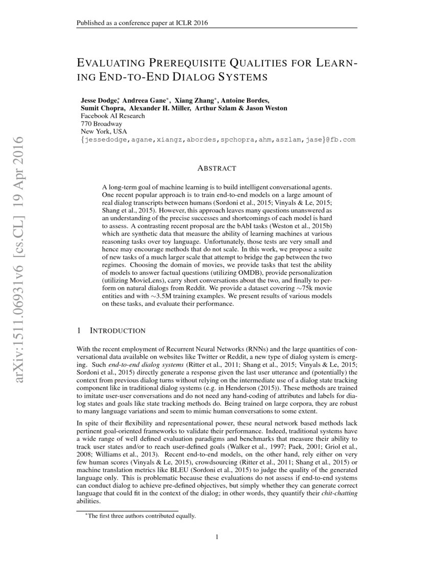 Evaluating Prerequisite Qualities for Learning End-to-End Dialog Systems | DeepAI