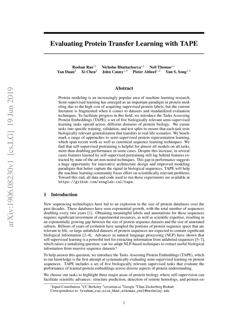 Evaluating Protein Transfer Learning with TAPE | DeepAI