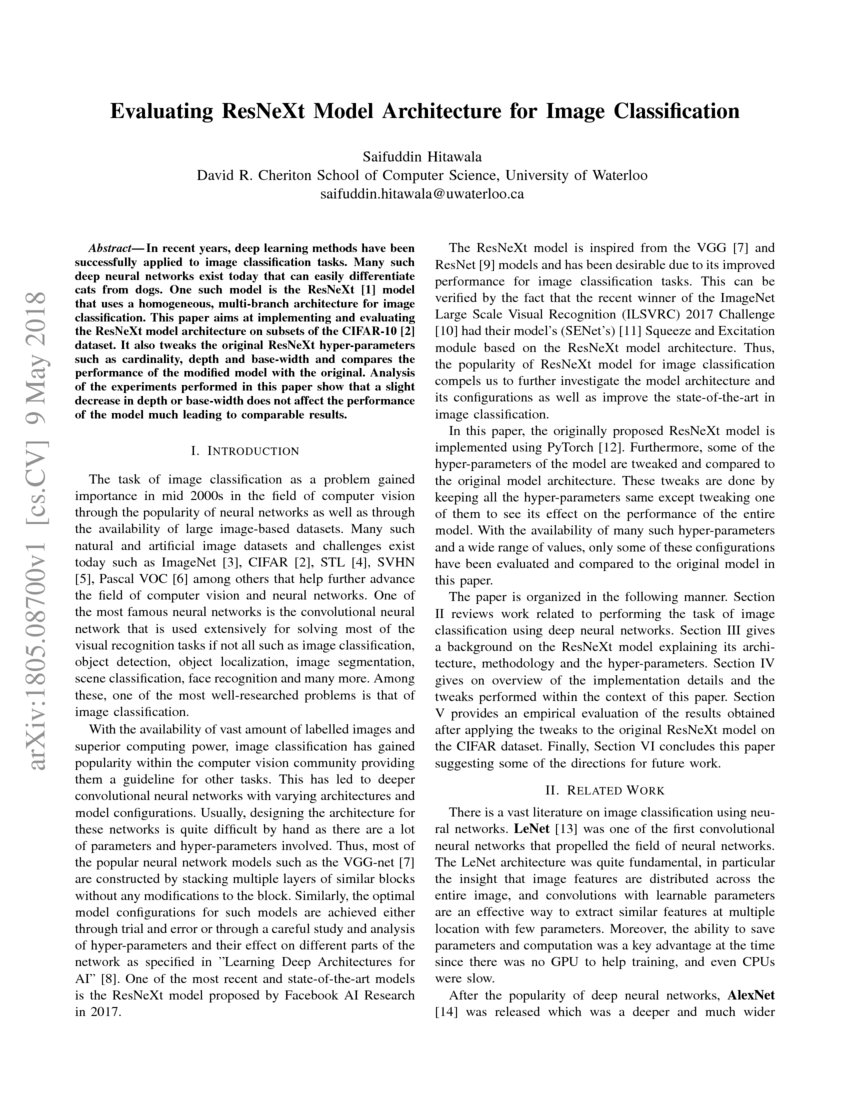 Evaluating ResNeXt Model Architecture for Image Classification | DeepAI