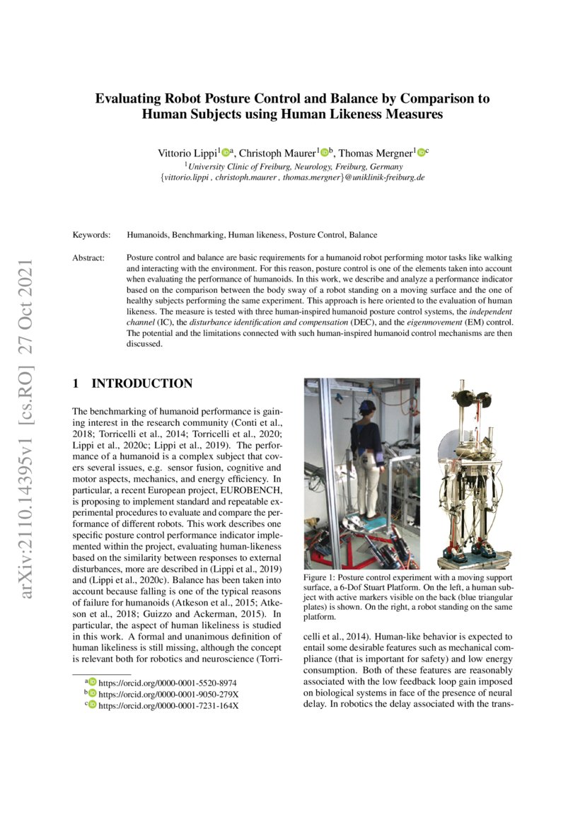 Evaluating Robot Posture Control and Balance by Comparison to Human ...
