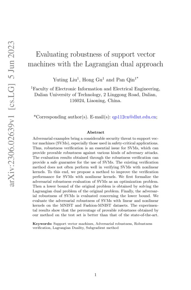Evaluating robustness of support vector machines with the Lagrangian dual approach | DeepAI