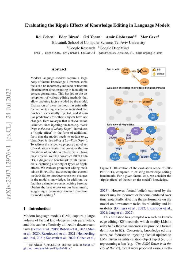 Evaluating the Ripple Effects of Knowledge Editing in Language Models ... Evaluating the Ripple Effects of Knowledge Editing in Language Models ...