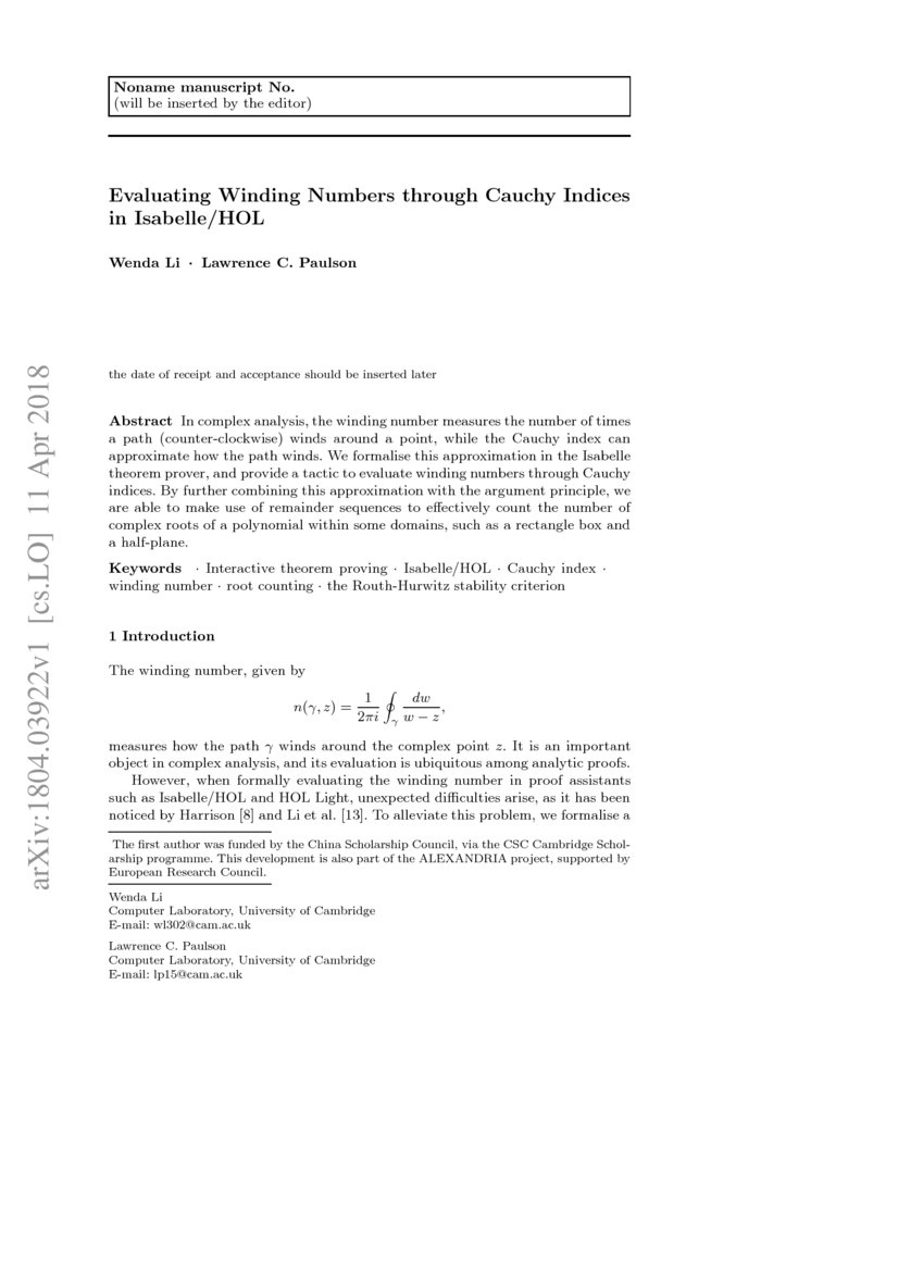 Evaluating Winding Numbers through Cauchy Indices in Isabelle/HOL | DeepAI