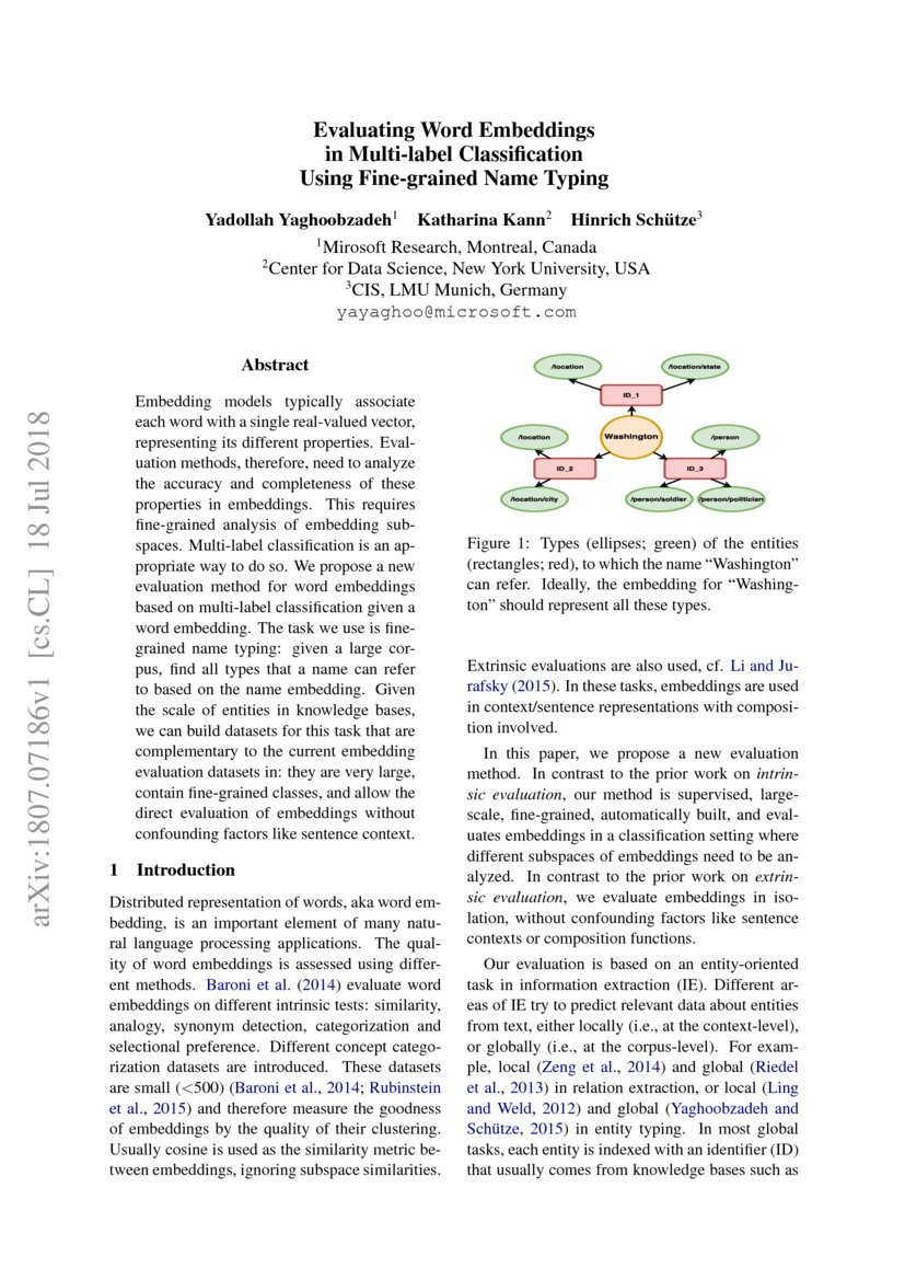 Evaluating Word Embeddings In Multi Label Classification Using Fine Grained Name Typing Deepai