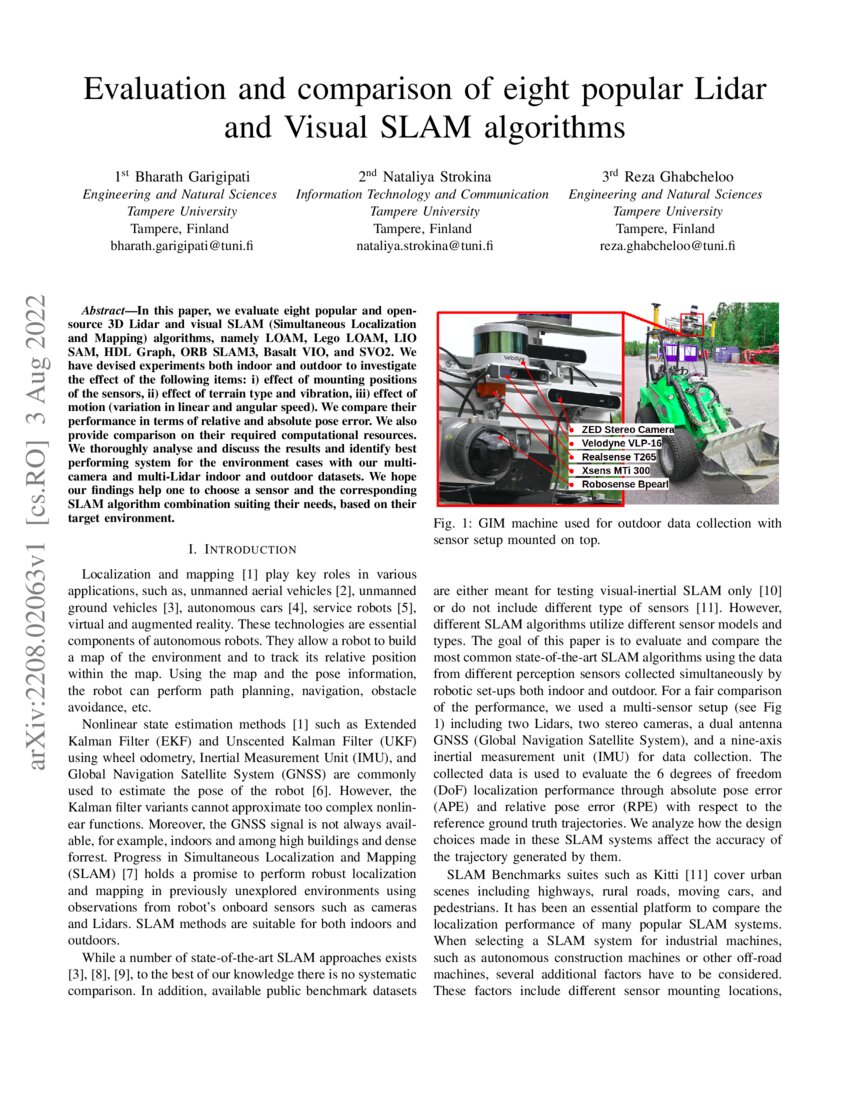 Evaluation And Comparison Of Eight Popular Lidar And Visual Slam Algorithms Deepai