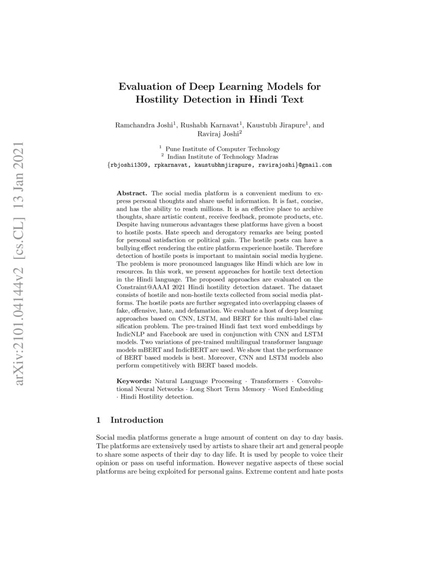 Evaluation Of Deep Learning Models For Hostility Detection In Hindi Evaluation Of Deep Learning Models For Hostility Detection In Hindi