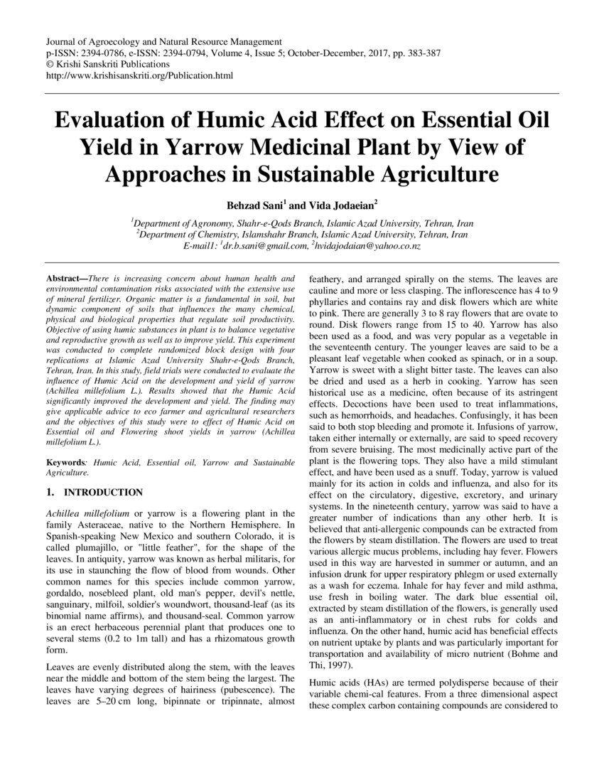 Evaluation of Humic Acid Effect on Essential Oil Yield in Yarrow ...