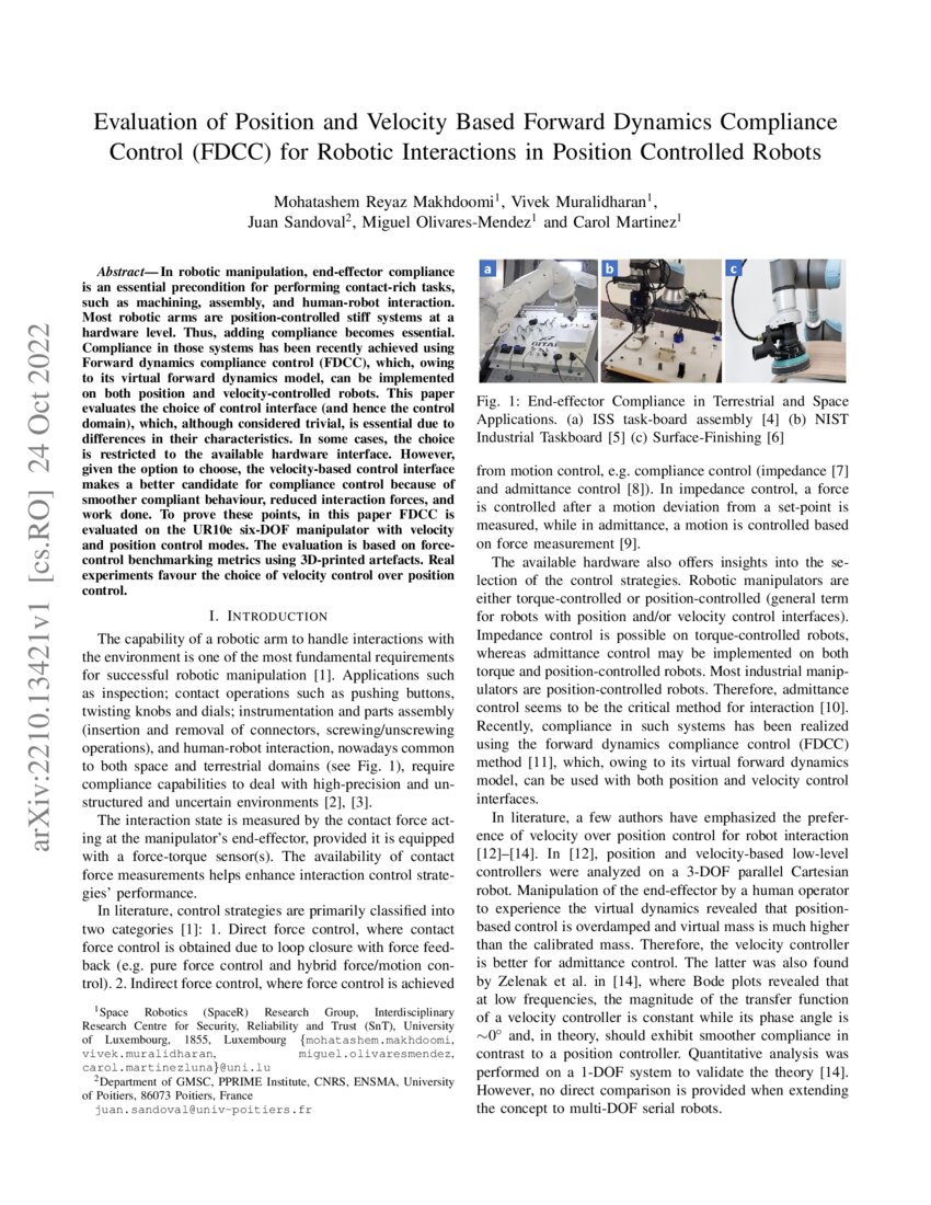 Evaluation Of Position And Velocity Based Forward Dynamics Compliance Control Fdcc For Robotic