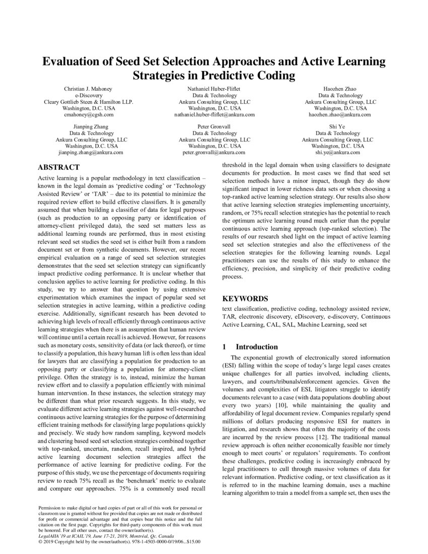 Evaluation Of Seed Set Selection Approaches And Active Learning Strategies In Predictive Coding 
