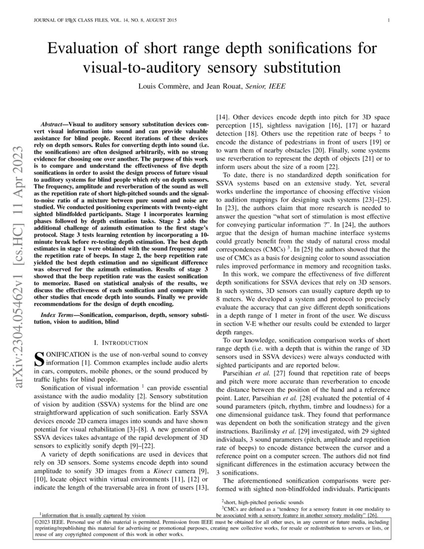 Evaluation of short range depth sonifications for visual-to-auditory sensory substitution | DeepAI