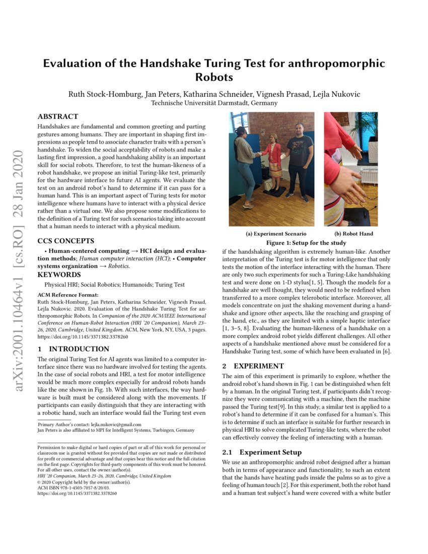 Evaluation of the Handshake Turing Test for anthropomorphic Robots | DeepAI