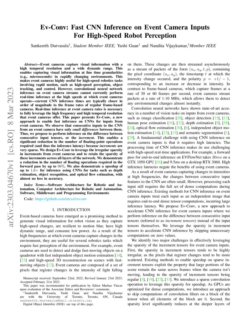 Evconv Fast Cnn Inference On Event Camera Inputs For High Speed Robot