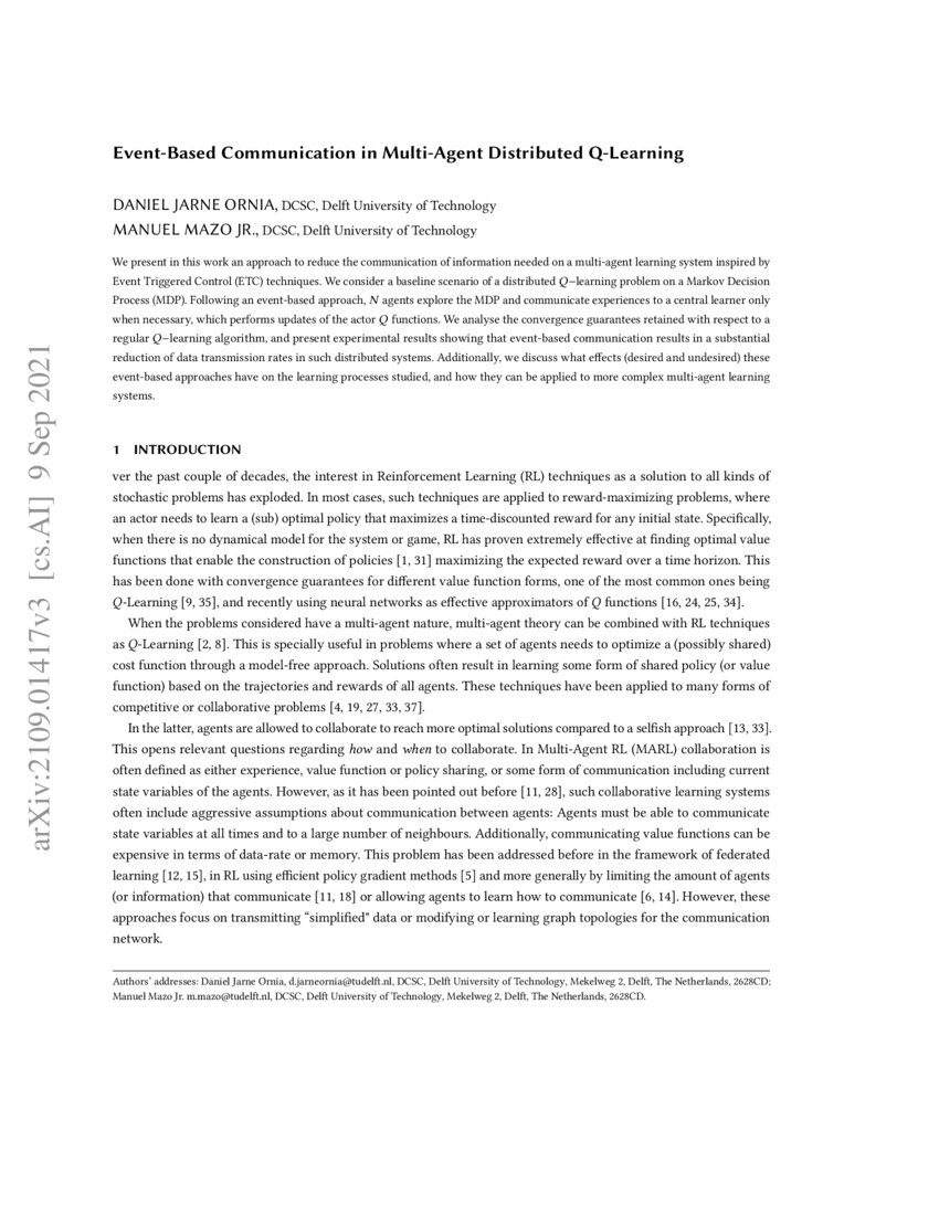 Event Based Communication In Distributed Q Learning Deepai