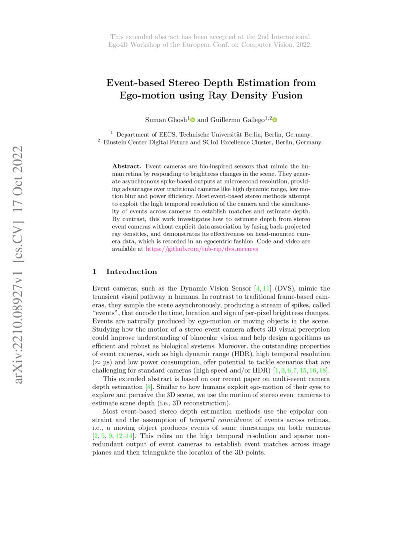 Event Based Stereo Depth Estimation From Ego Motion Using Ray Density Fusion Deepai