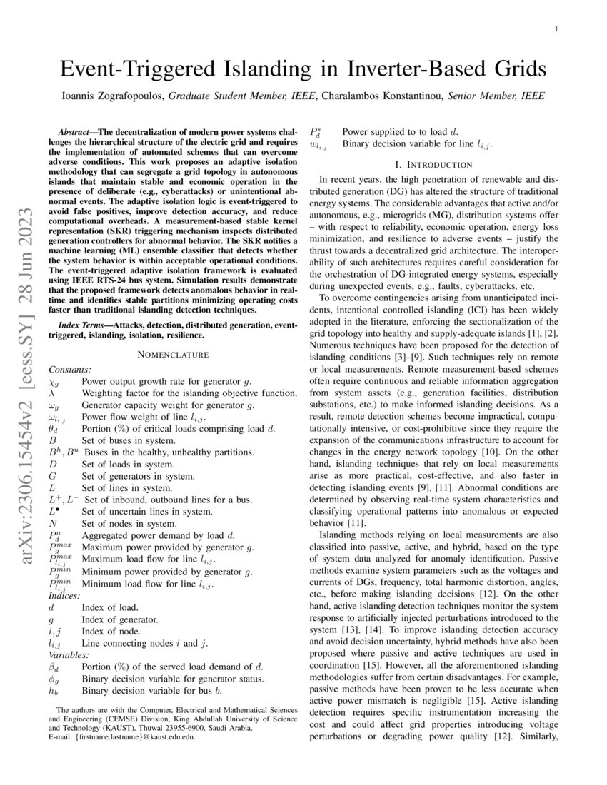 Event Triggered Islanding In Inverter Based Grids Deepai 