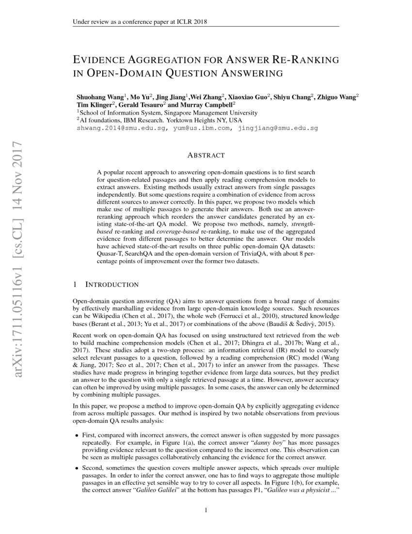 Evidence Aggregation For Answer Re Ranking In Open Domain Question Answering Deepai