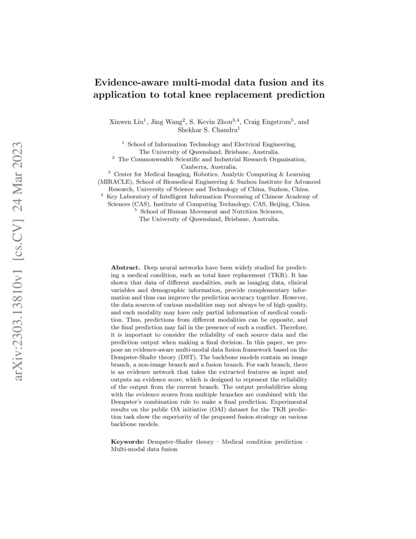 Evidence Aware Multi Modal Data Fusion And Its Application To Total Knee Replacement Prediction