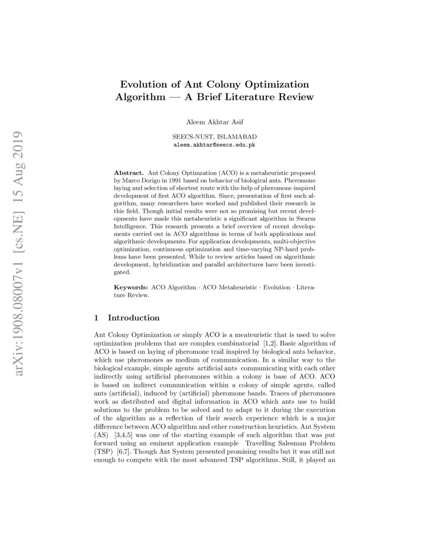 Evolution Of Ant Colony Optimization Algorithm A Brief Literature Review Deepai