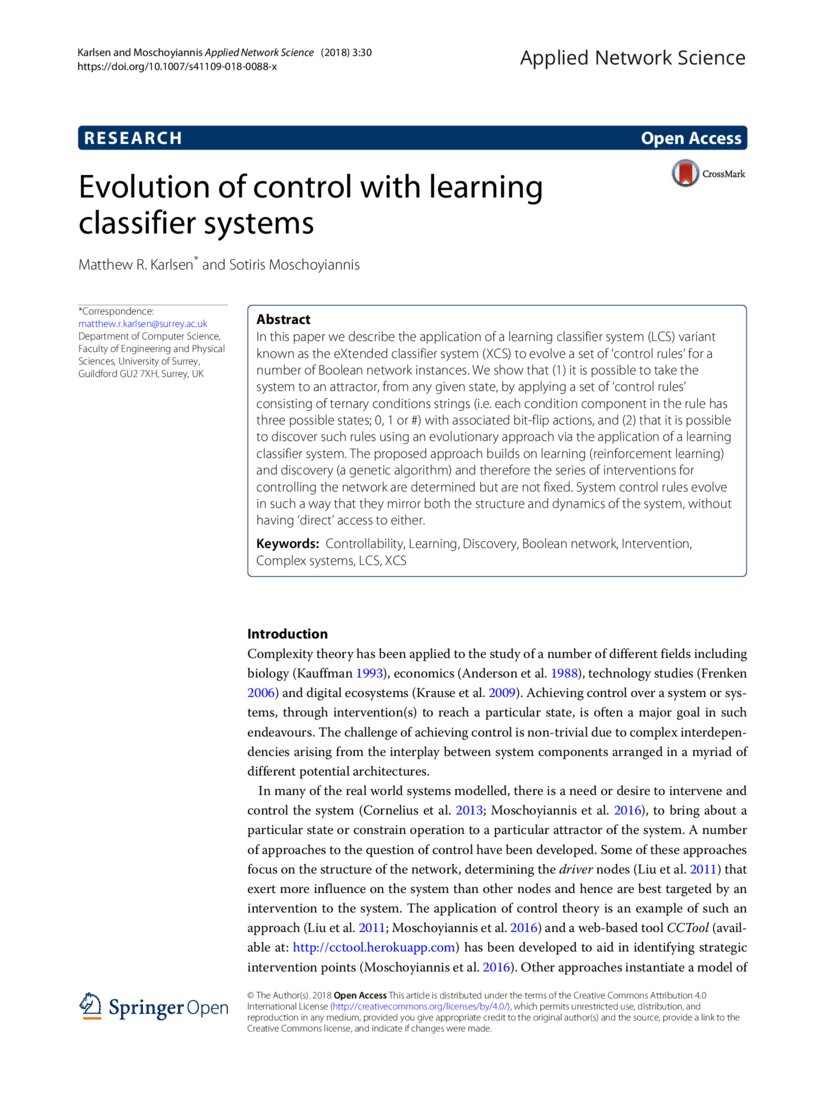 Evolution of control with learning classifier systems | DeepAI