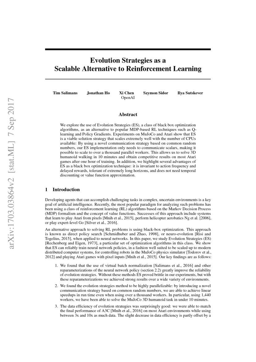 Evolution Strategies as a Scalable Alternative to Reinforcement ... Evolution Strategies as a Scalable Alternative to Reinforcement ...