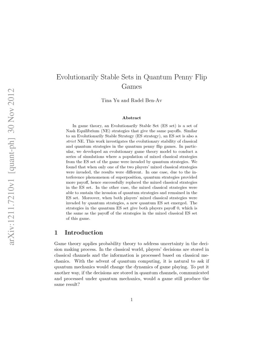 Evolutionarily Stable Sets in Quantum Penny Flip Games | DeepAI