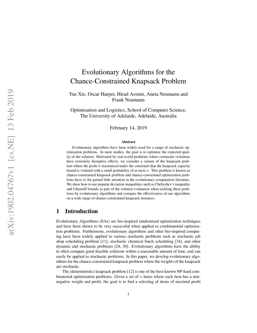 Evolutionary Algorithms for the Chance-Constrained Knapsack Problem | DeepAI