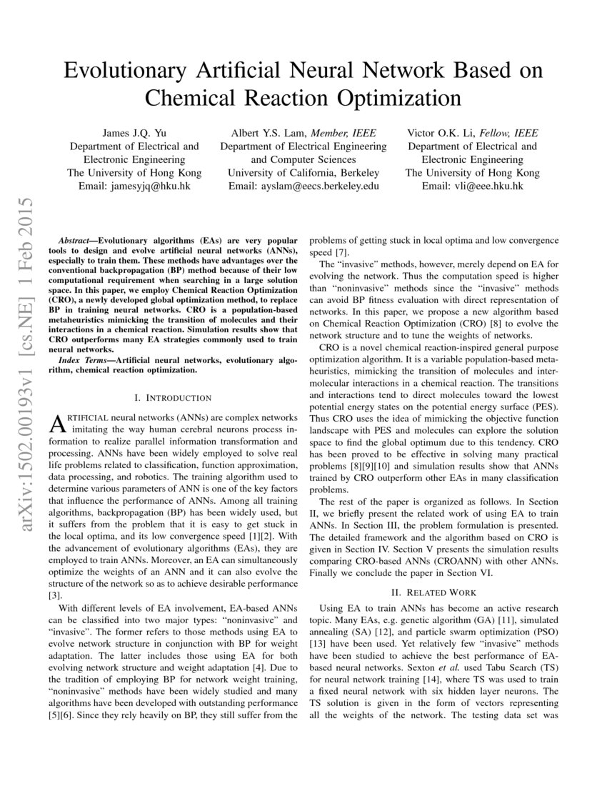 Evolutionary Artificial Neural Network Based on Chemical Reaction Optimization | DeepAI