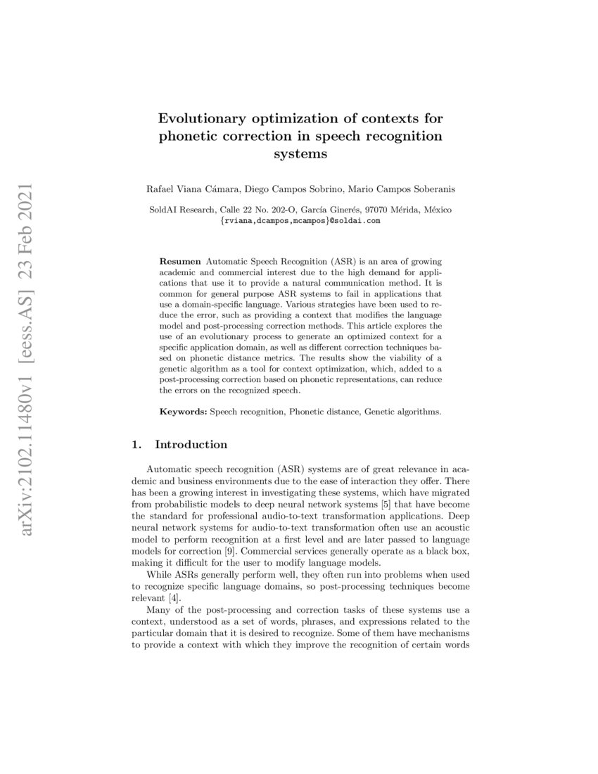 Evolutionary Optimization Of Contexts For Phonetic Correction In Speech Recognition Systems Deepai