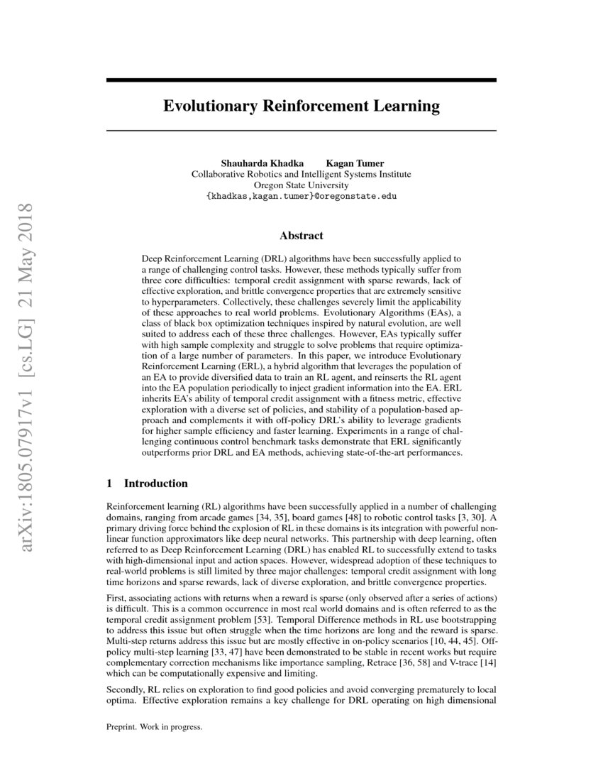 Evolutionary Reinforcement Learning | DeepAI